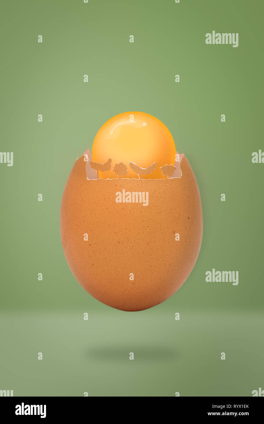 Contemporary art-Egg shell with yellow yolk on green background with ...