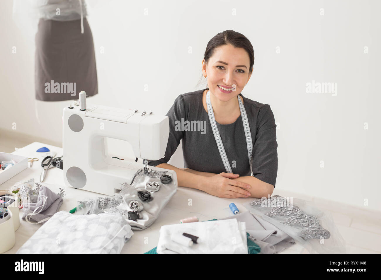 People, tailor and creative concept - Portrait of fashion designer with ...