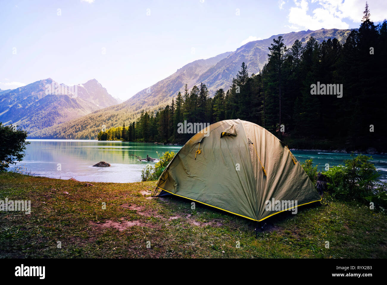 Camping tent in campground at national park. Tourists camped in the ...