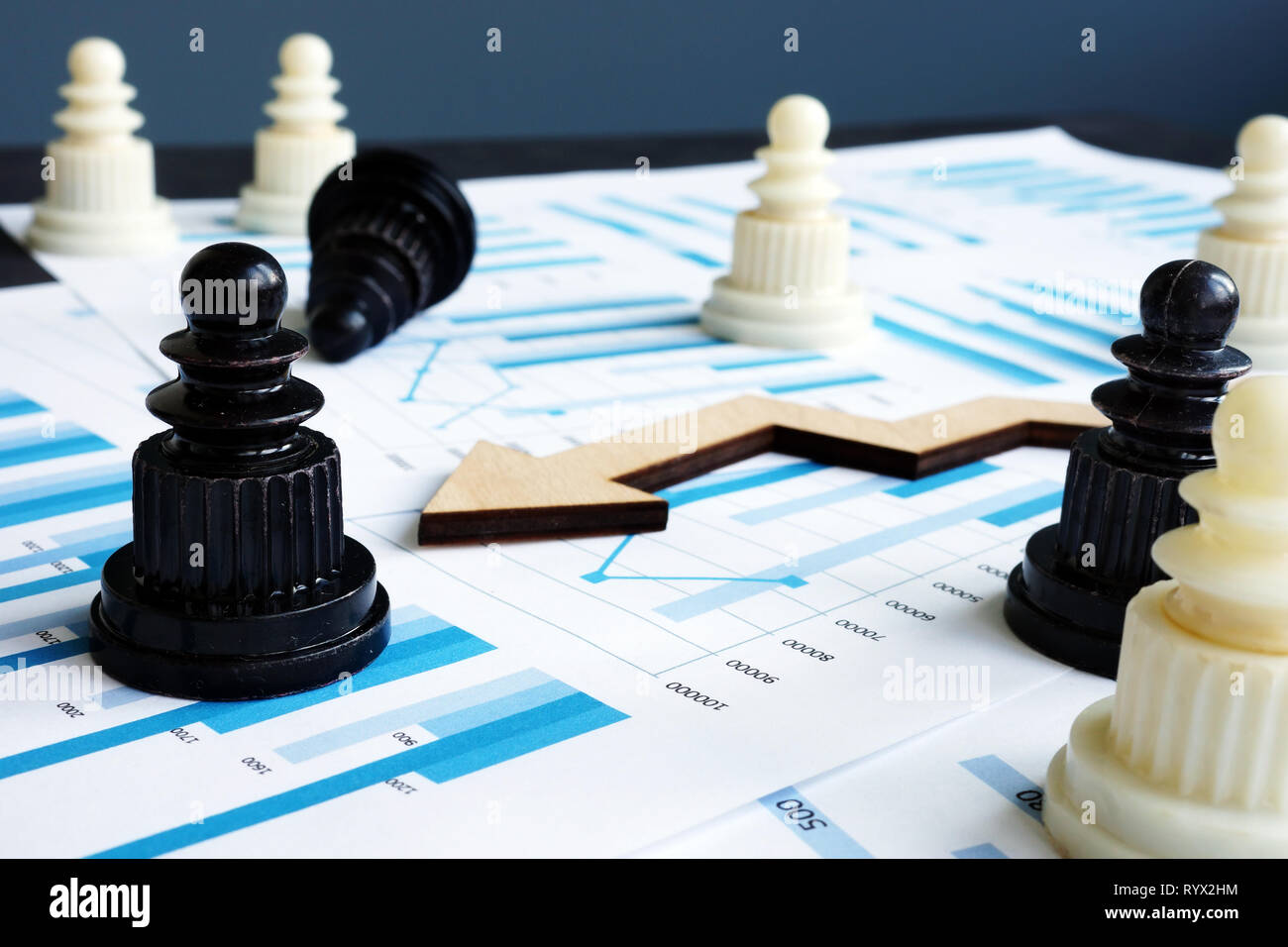 Chess and business reports with financial graphs. Strategy and risk ...