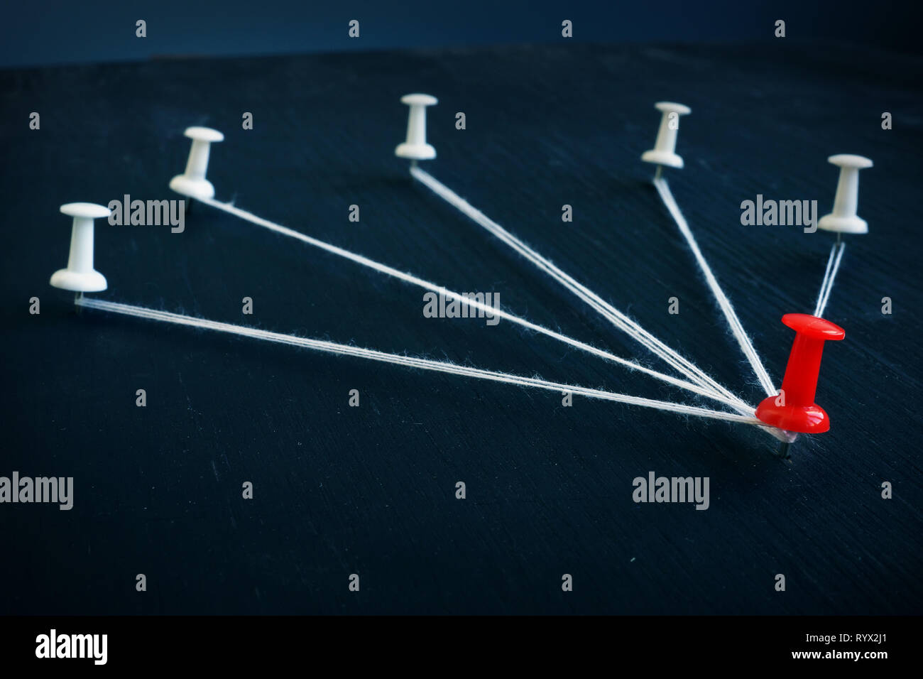 Leadership in a business. Push pins and red one connected by thread ...