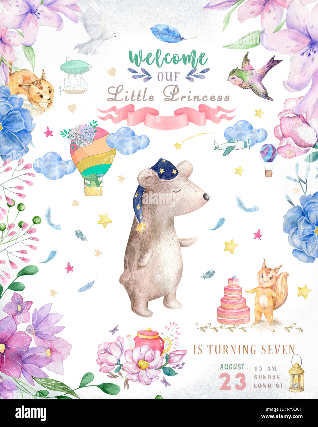 Watercolor cute baby Bear with light and boho flowers and floral ...