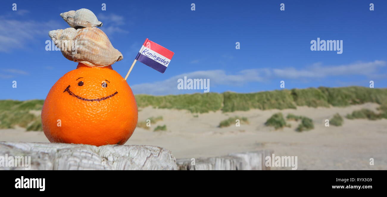 Orange fruit and Netherlands mini flag with text: KONINGSDAG - Kings ...