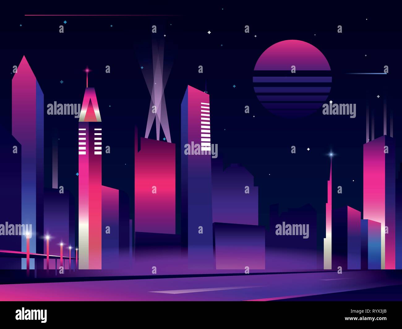 Night city silhouette with bridge and highway road in neon glowing ...