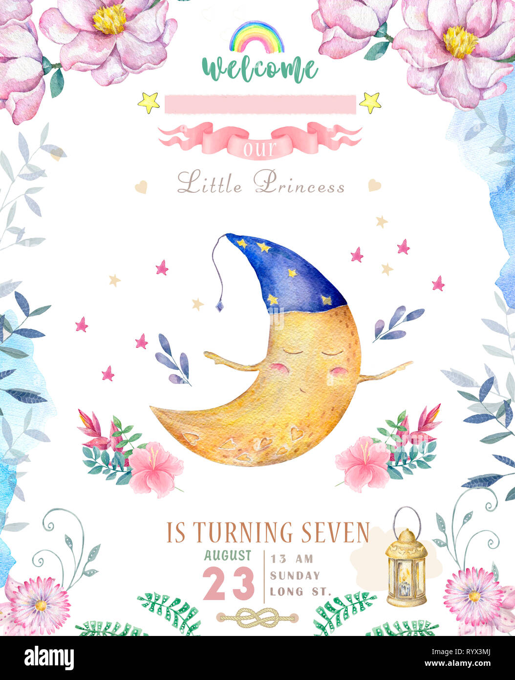 Cute baby greeting card. Watercolor moon in night hat with boho flowers ...