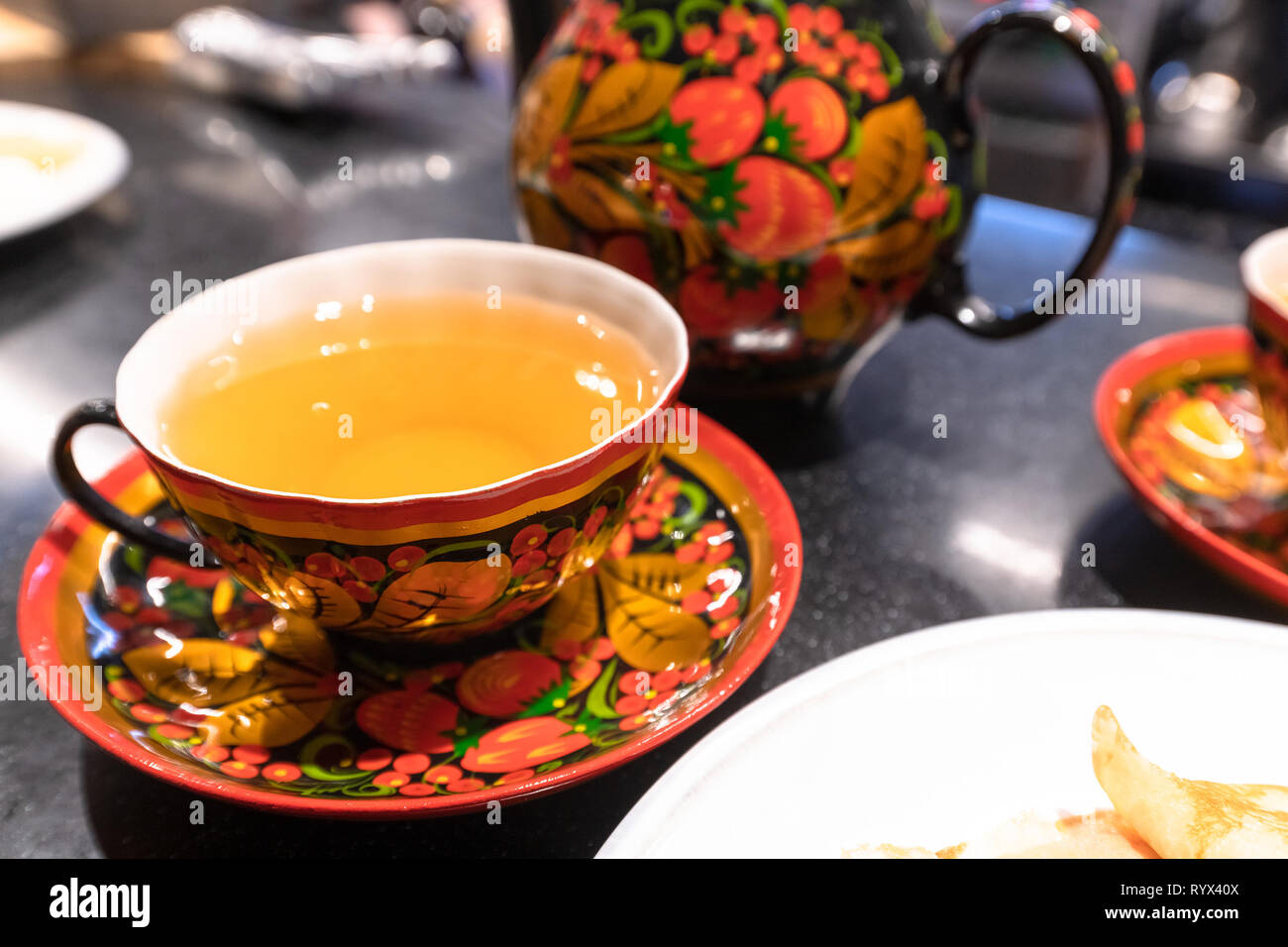 Tea in the dishes painted in national traditions, Russia Stock Photo ...