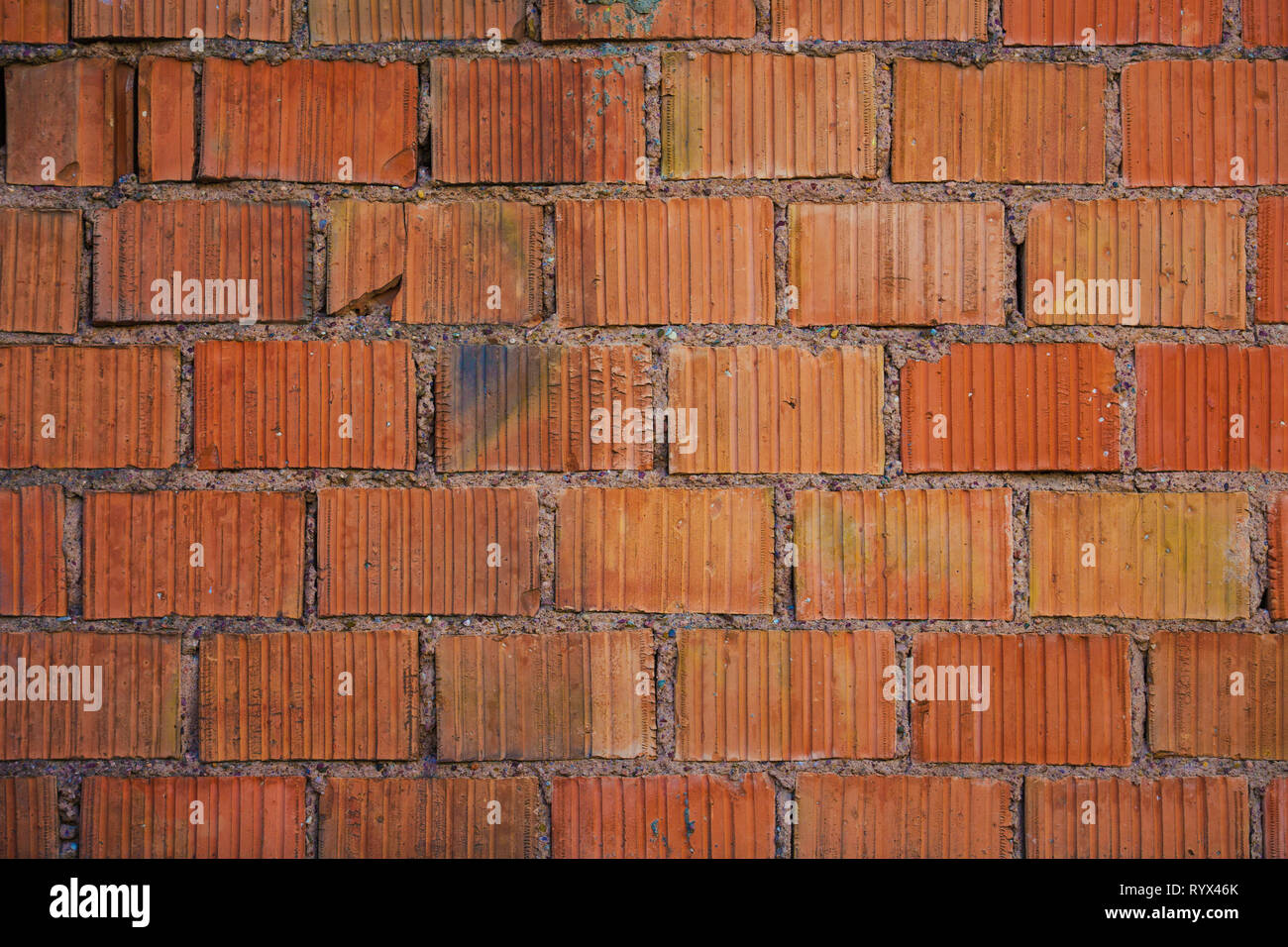 Abstract old masonry wall texture, red clay bricks glued on cement ...