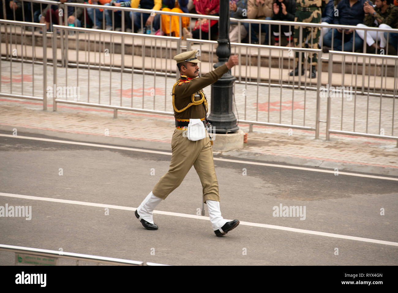 A soldier marches at the Attari-Wagah border closing ceremony the day ...