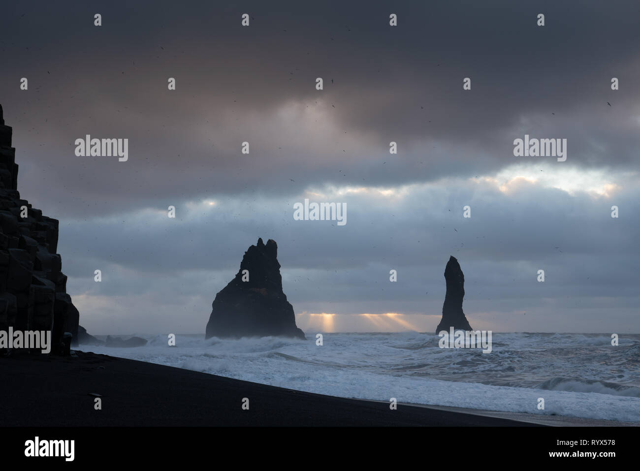 Rock spire of Reynisdrangur, coast of Reynisfjara close to Vik, Iceland ...