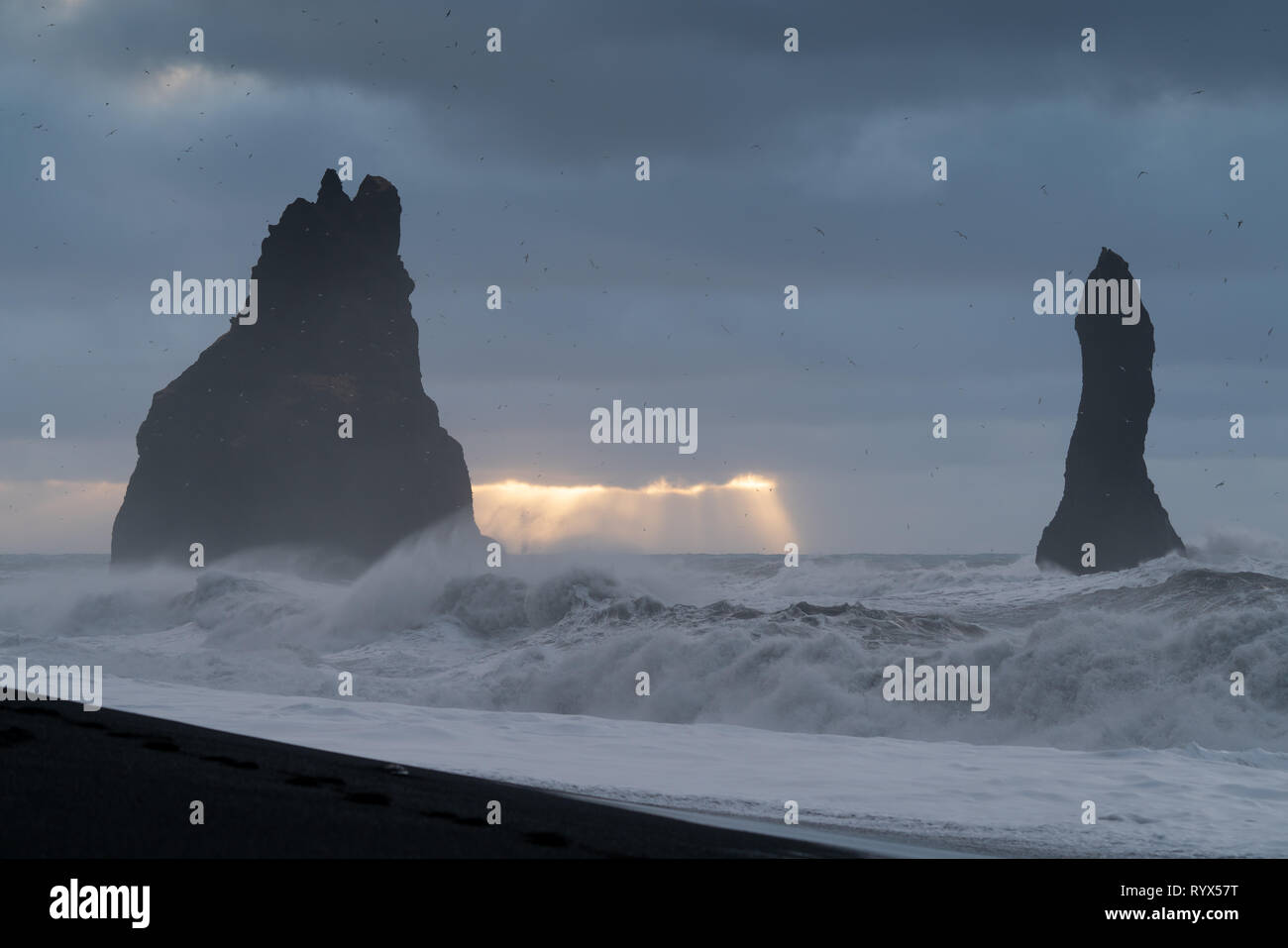 Rock spire of Reynisdrangur, coast of Reynisfjara close to Vik, Iceland ...