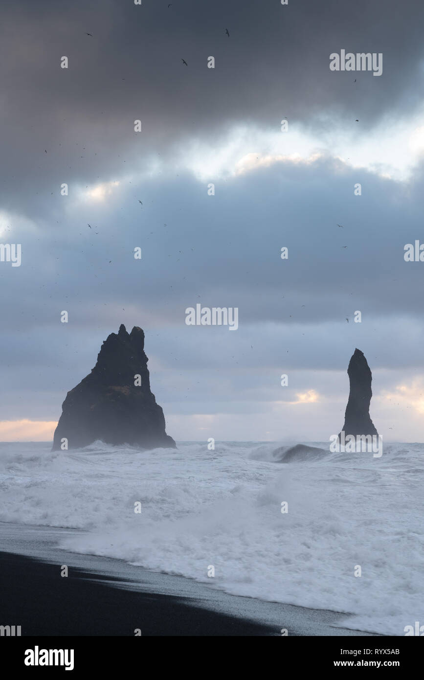 Rock spire of Reynisdrangur, coast of Reynisfjara close to Vik, Iceland ...