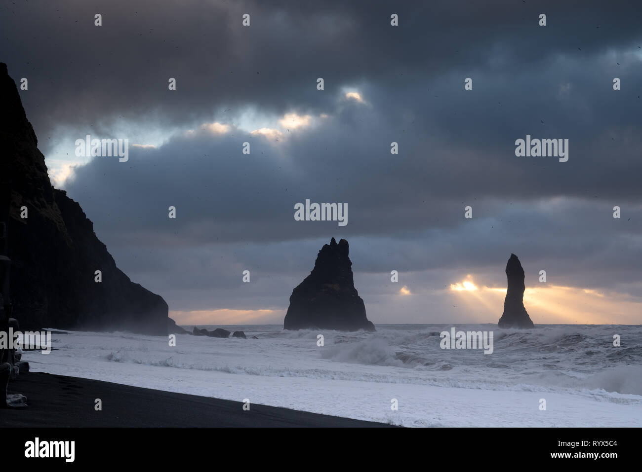 Rock spire of Reynisdrangur, coast of Reynisfjara close to Vik, Iceland ...