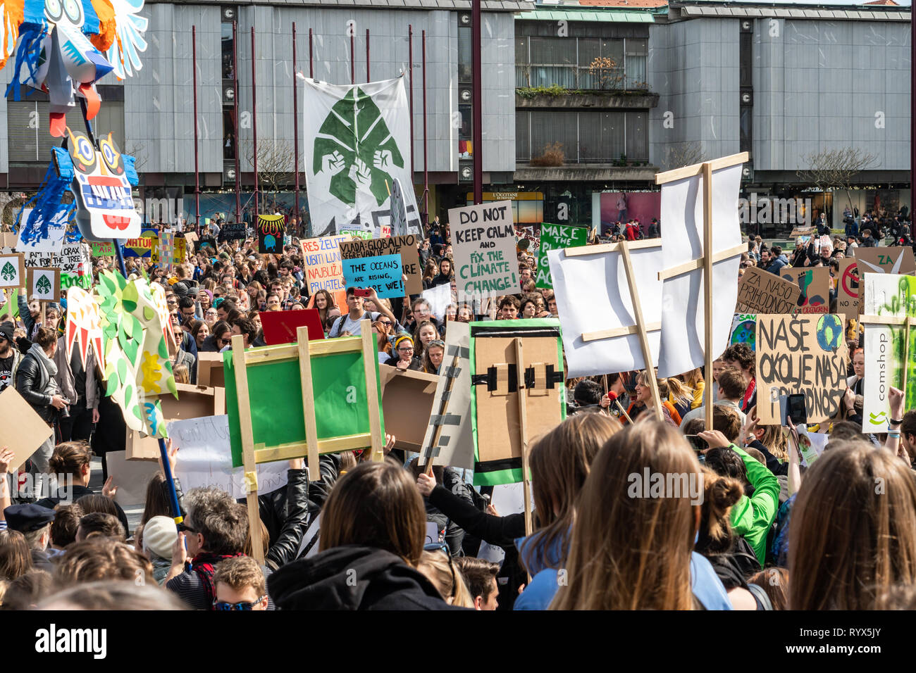Protestors with banners at a Youth strike for climate change strike ...