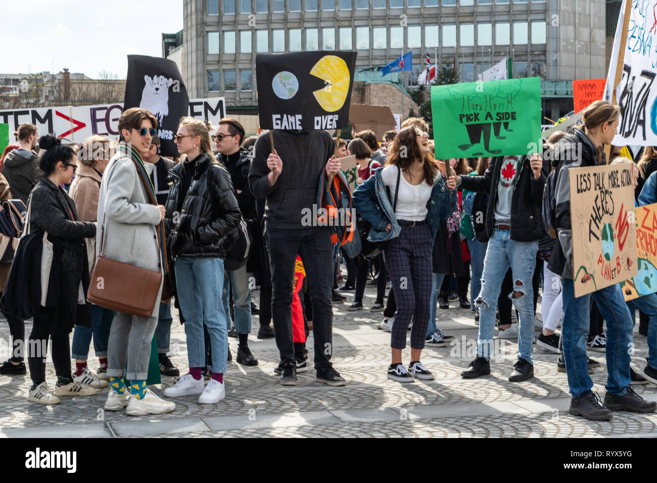 Protestors with banners at a Youth strike for climate change strike ...