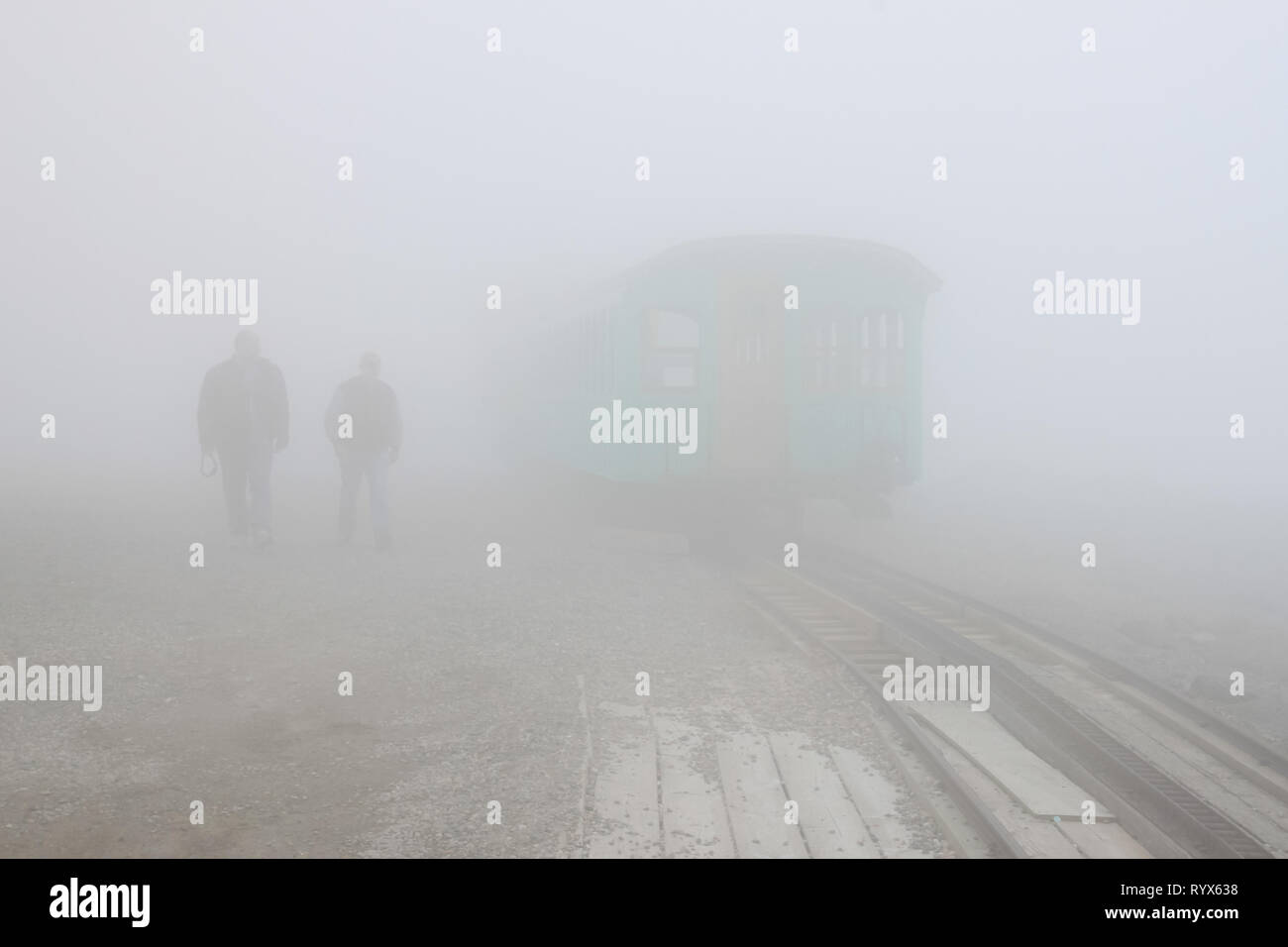The top of Mount Washington, New Hampshire, Us, in a thick fog and the ...