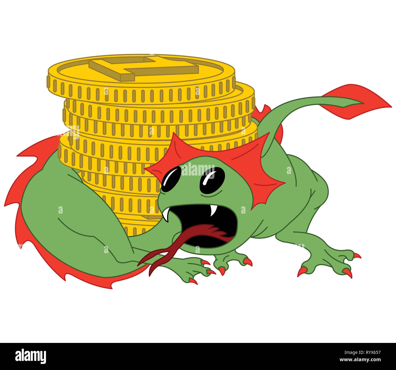 The little green dragon guards the gold coins and hisses Stock Photo ...