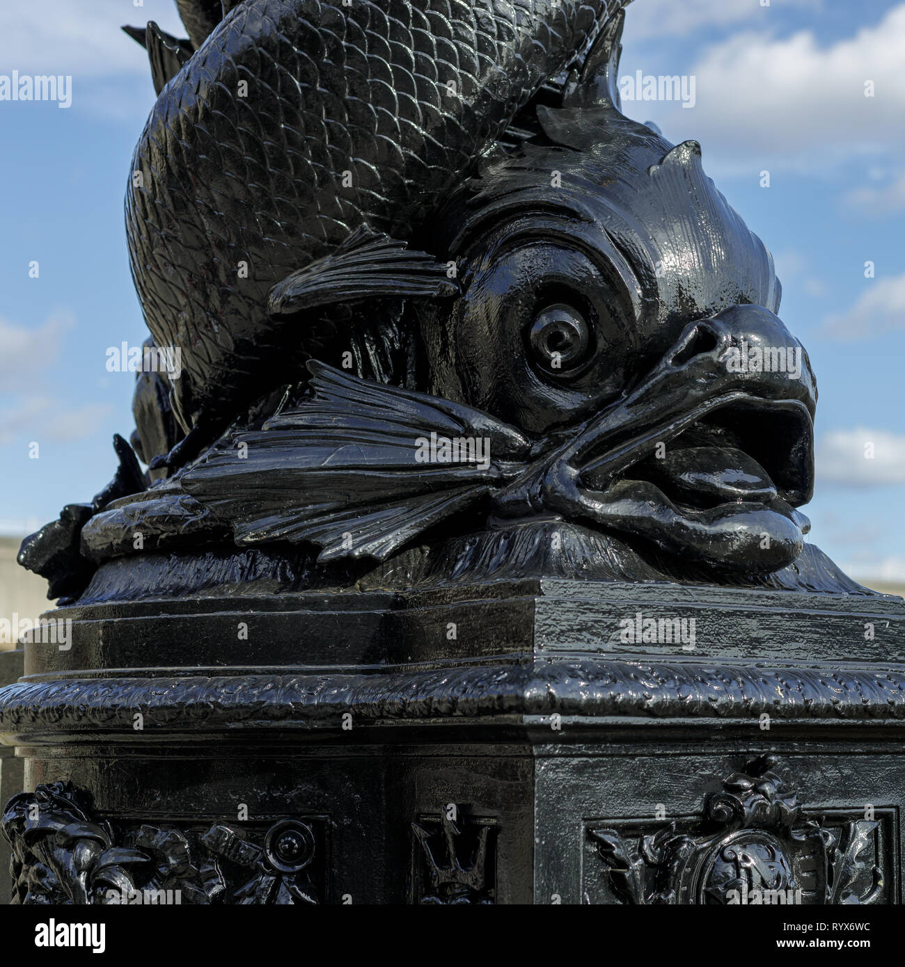 LONDON, UK - MARCH 11 : Close-up of a Vulliamy's dolphin lamp post on ...