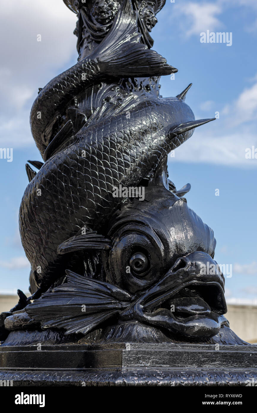 LONDON, UK - MARCH 11 : Close-up of a Vulliamy's dolphin lamp post on ...