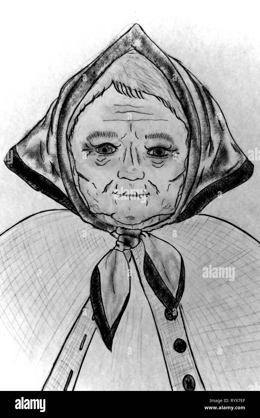Drawing of an elder lady in a headkerchief Stock Photo - Alamy