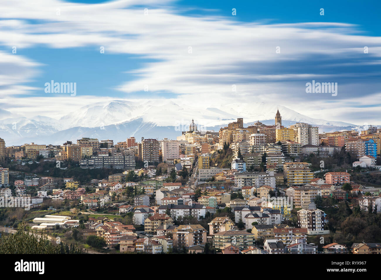 Chieti, one of the oldest cities in Abruzzo, with the snow-covered ...
