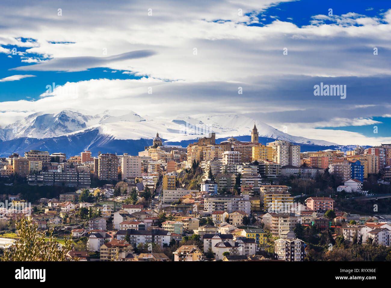 Chieti, one of the oldest cities in Abruzzo, with the snow-covered ...