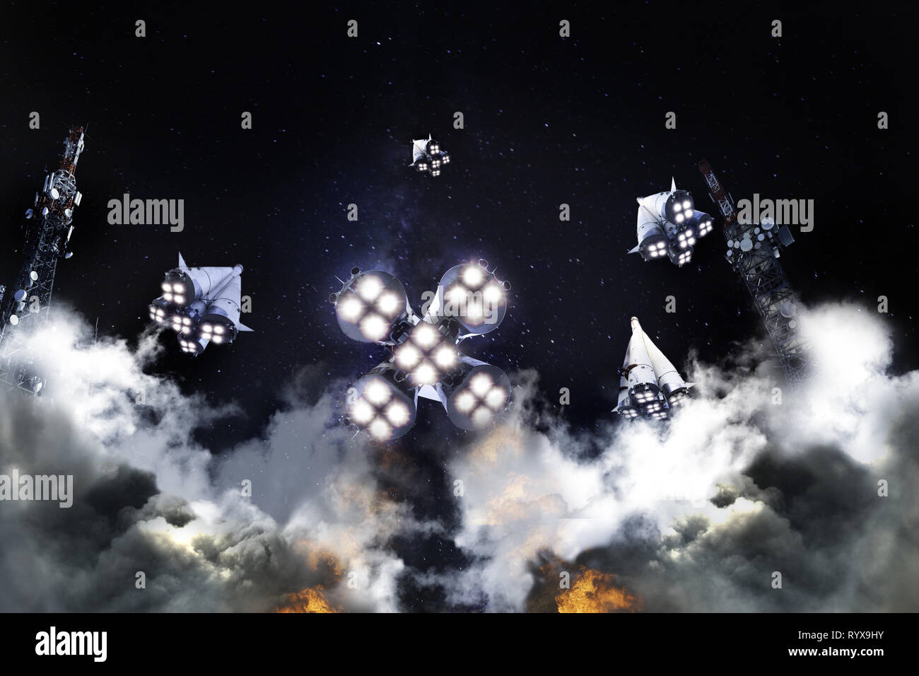 Group of many rockets liftoff into space night sky from launchpad view ...