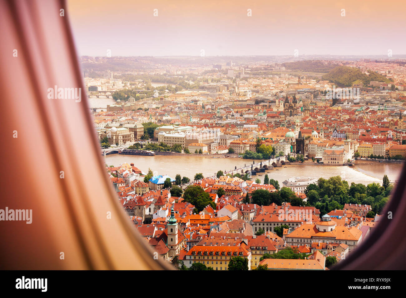 Prague, Czechia city downtown panorama view from plane window ...
