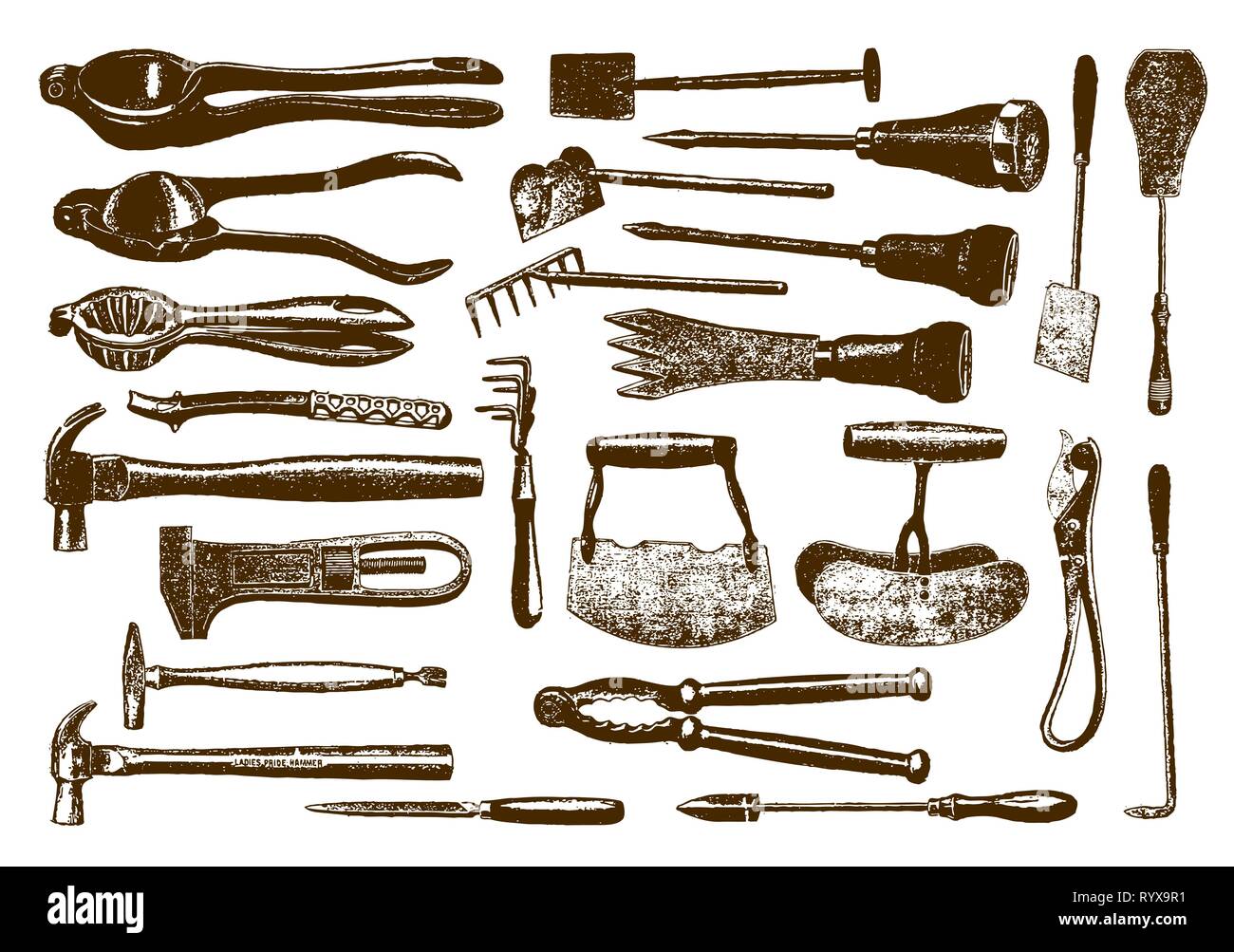 Collection of historic hardware (after an engraving or etching from the ...