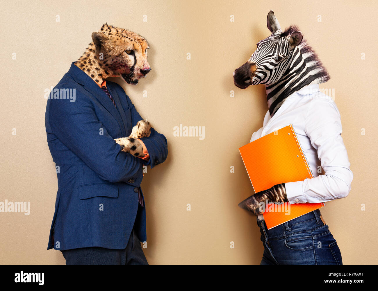 Boss and worker allegory with cheetah versus zebra animal in the suit ...