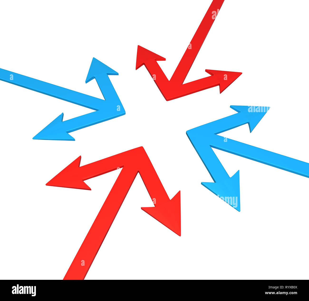 Red symbolic arrow angle split cross, 3d illustration, horizontal, over ...