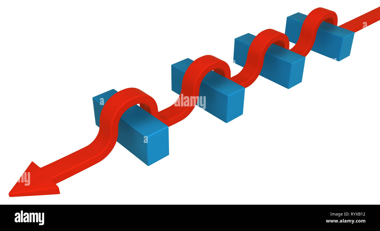 Red symbolic arrow blue block path, 3d illustration, horizontal, over ...