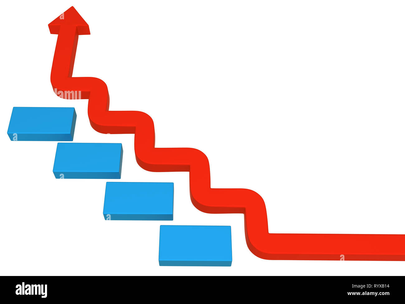 Red symbolic arrow blue block stairs, 3d illustration, horizontal, over ...