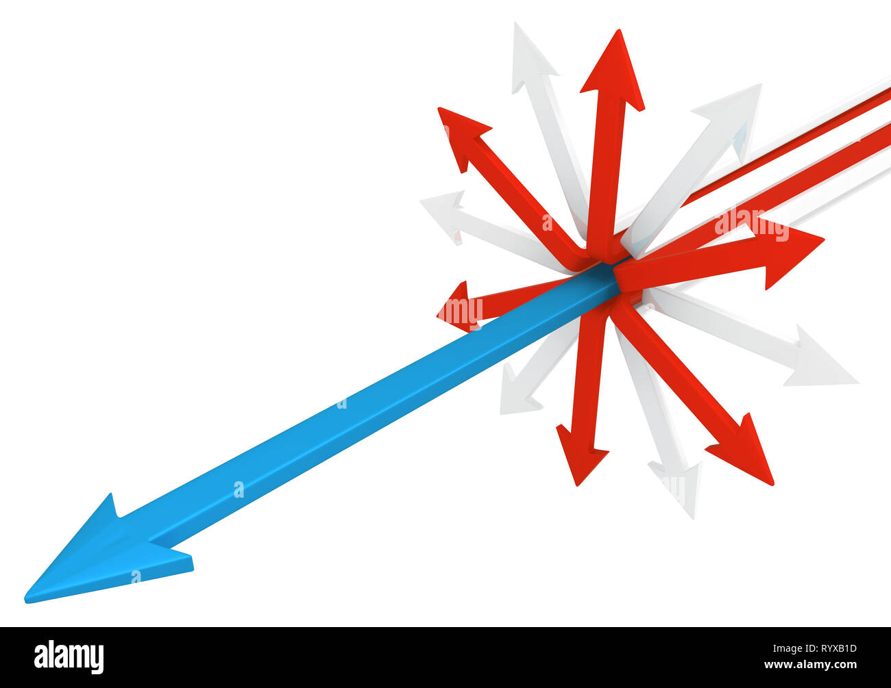 Blue symbolic arrow central direct, 3d illustration, horizontal, over ...