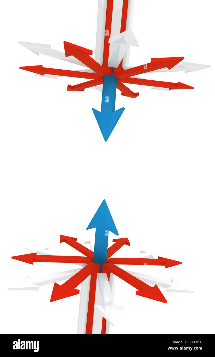 Blue symbolic arrow central direct double, 3d illustration, vertical ...