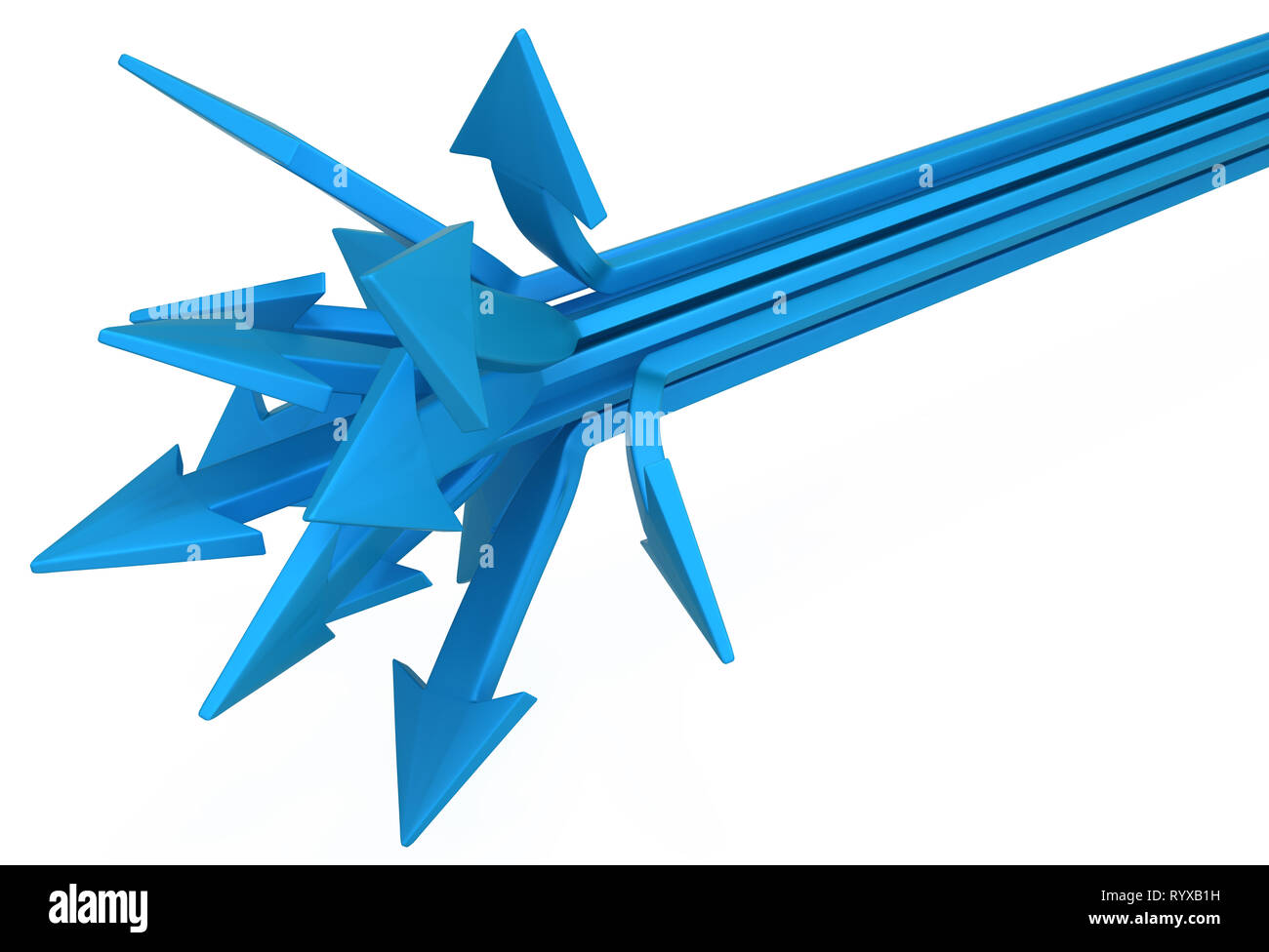 Blue symbolic arrow end spread, 3d illustration, horizontal, over white ...