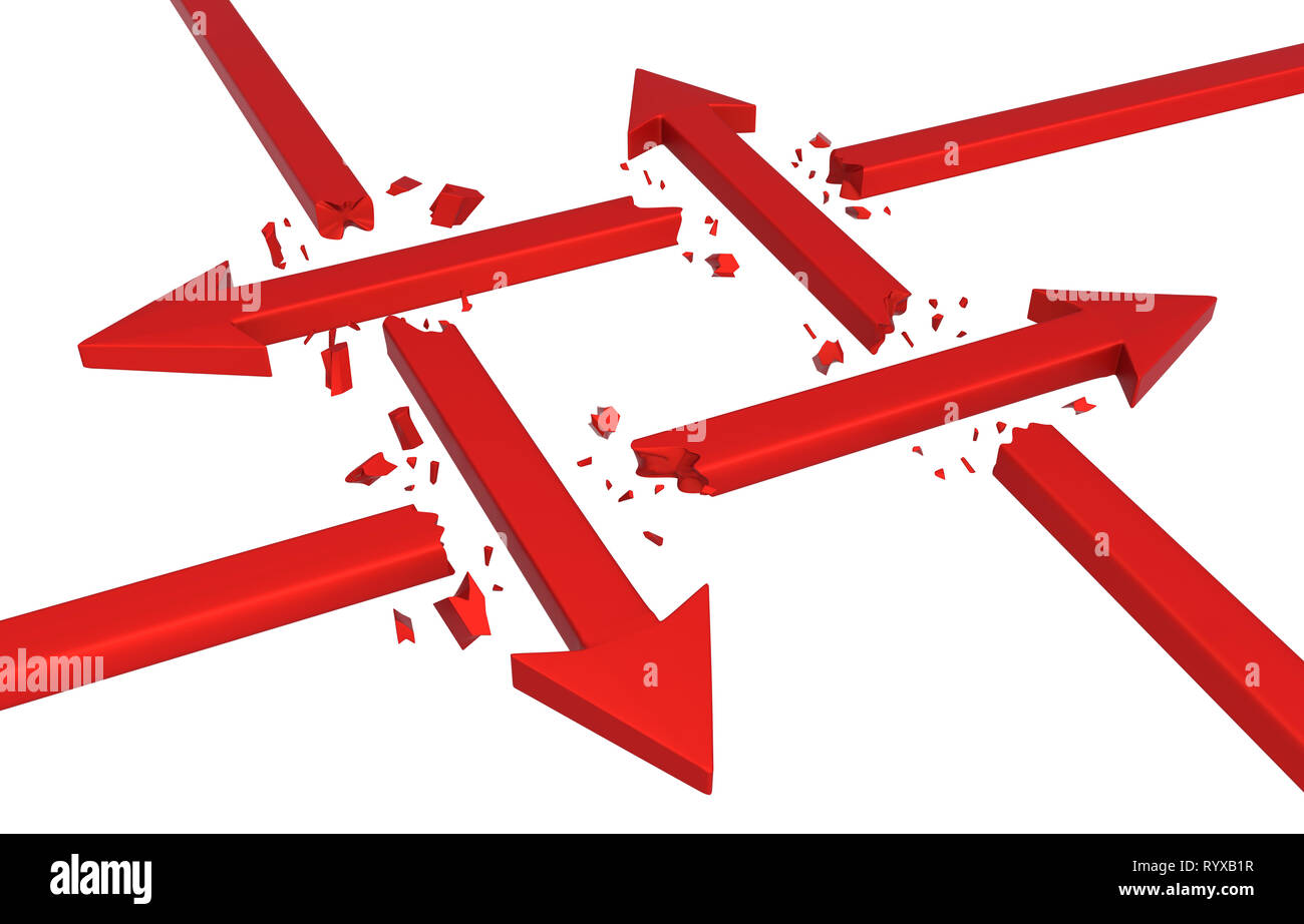 Red symbolic arrow break four square, 3d illustration, horizontal, over ...
