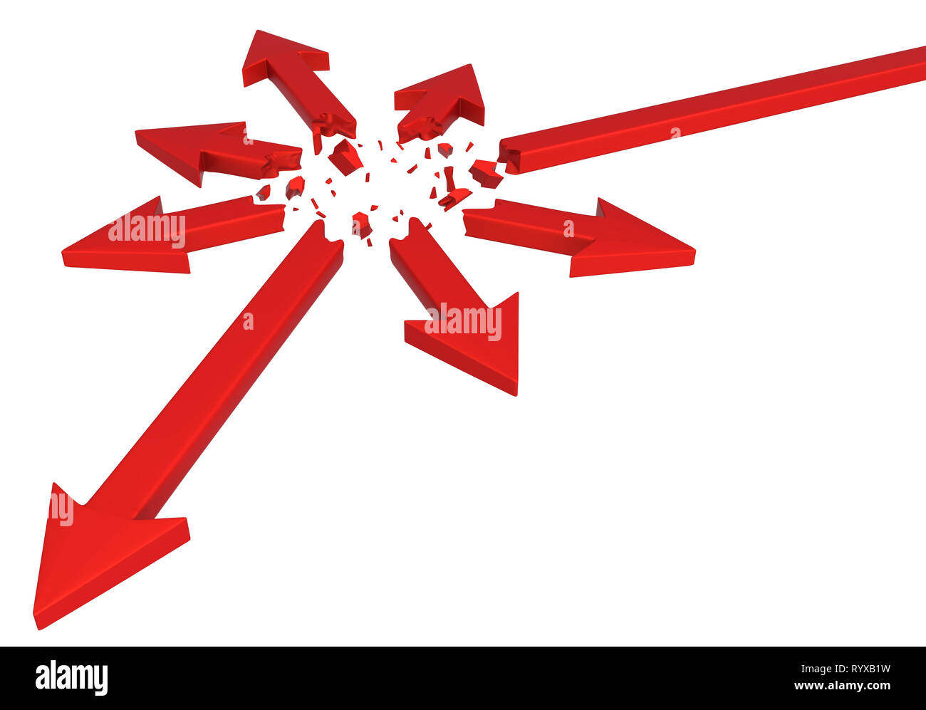 Red symbolic arrow break splinter, 3d illustration, horizontal, over ...