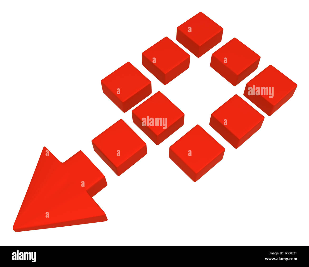 Red symbolic arrow dash square, 3d illustration, horizontal, over white ...