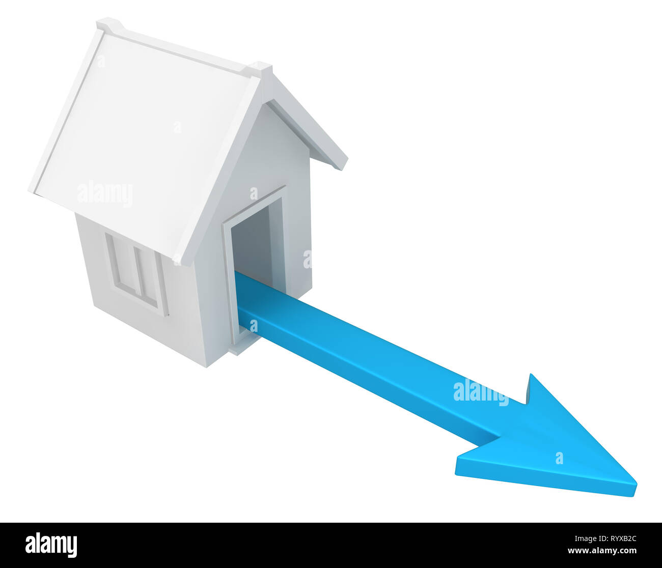 Red symbolic arrow house door blue, 3d illustration, horizontal, over ...