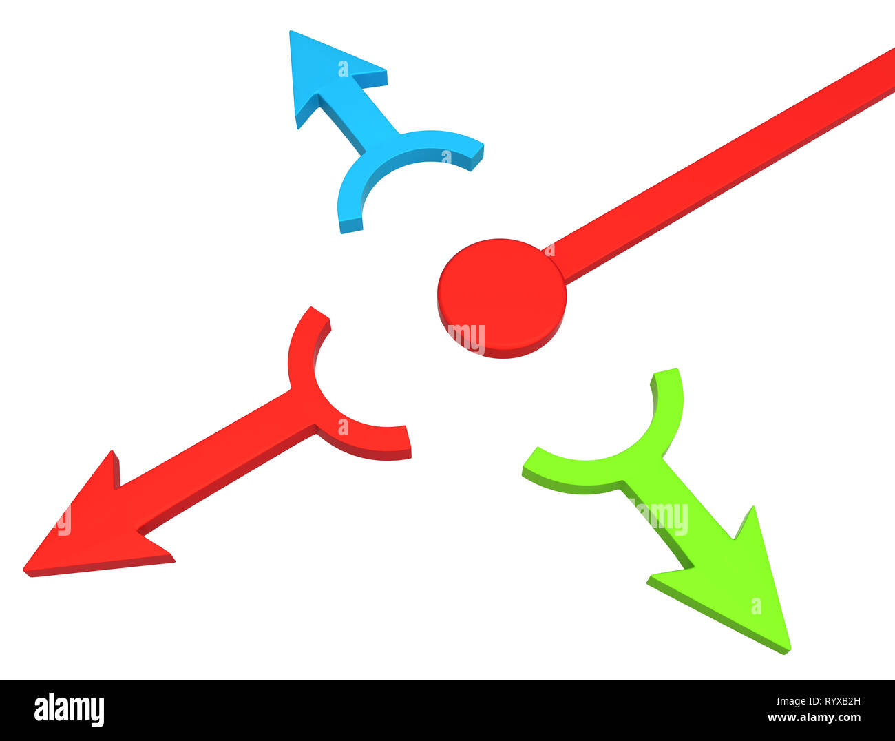 Red symbolic arrow interchange link, 3d illustration, horizontal, over ...