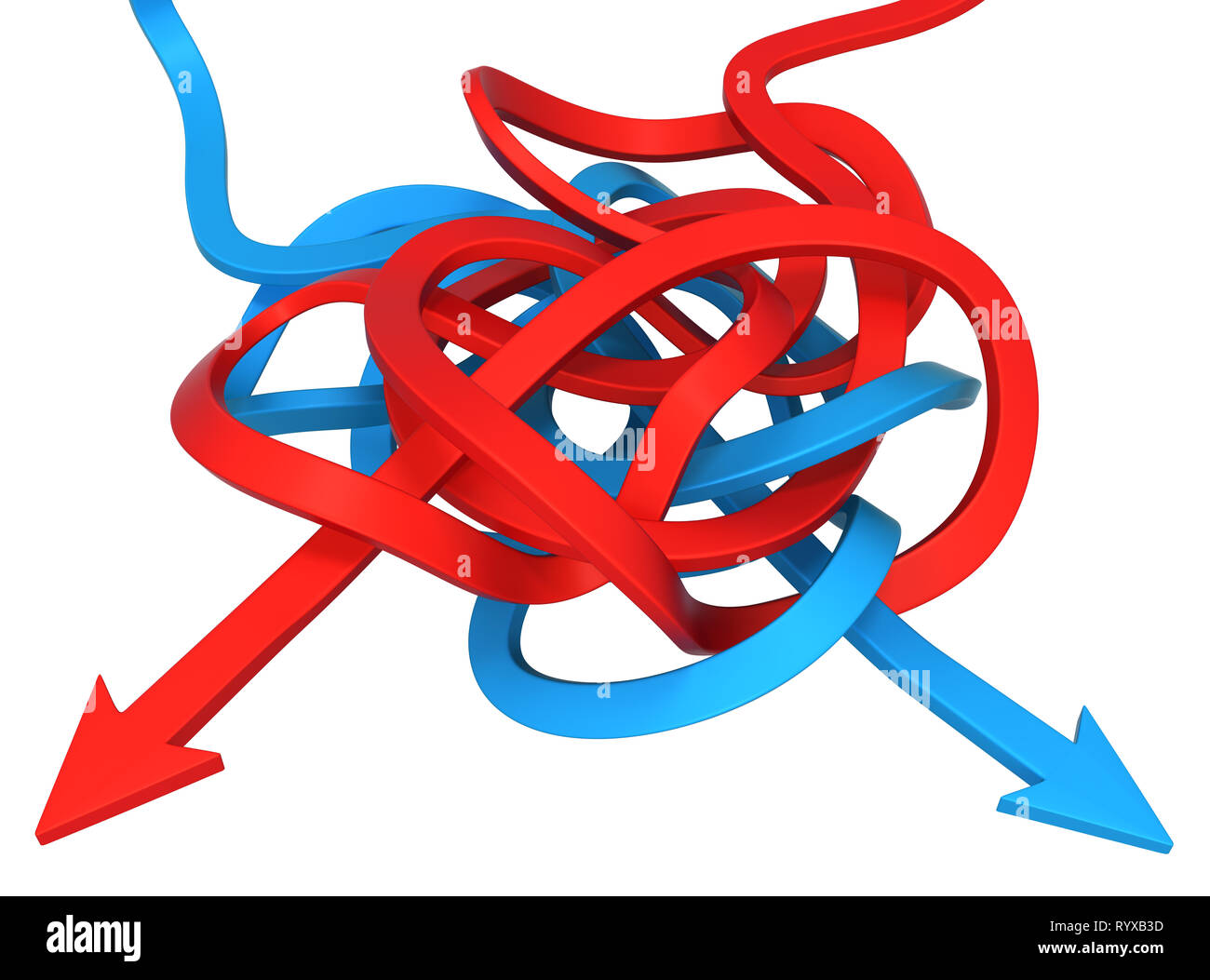 Red and blue symbolic arrows tangled, 3d illustration, horizontal, over ...