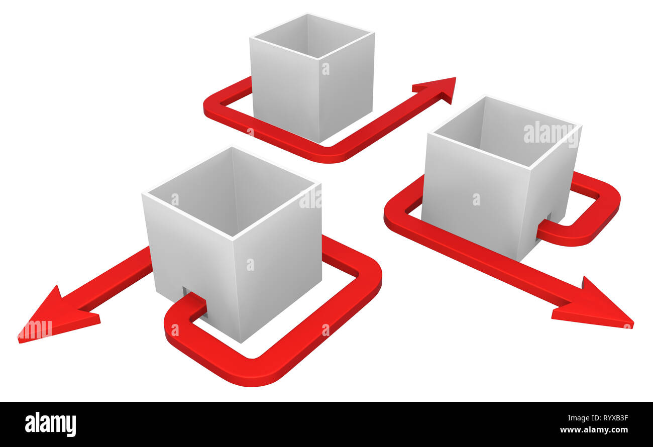 Red symbolic arrow box leak, 3d illustration, horizontal, over white ...