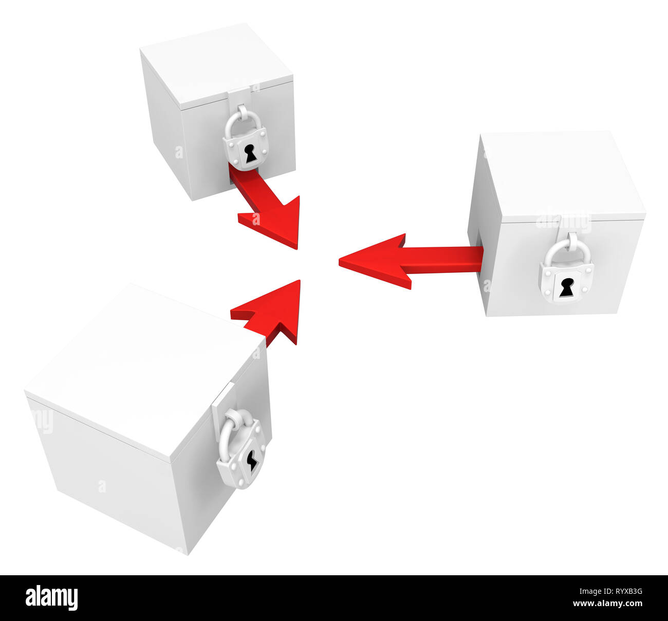 Red symbolic arrow boxes locked, 3d illustration, horizontal, over ...