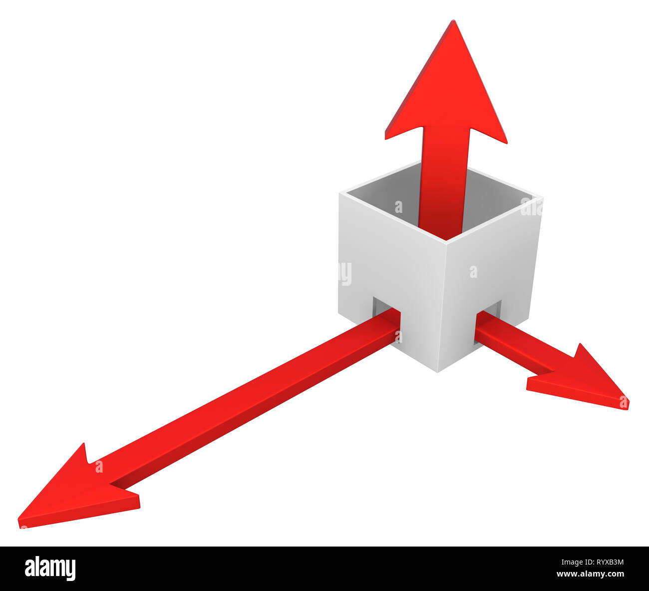 Red symbolic arrow box leak sides, 3d illustration, horizontal, over ...