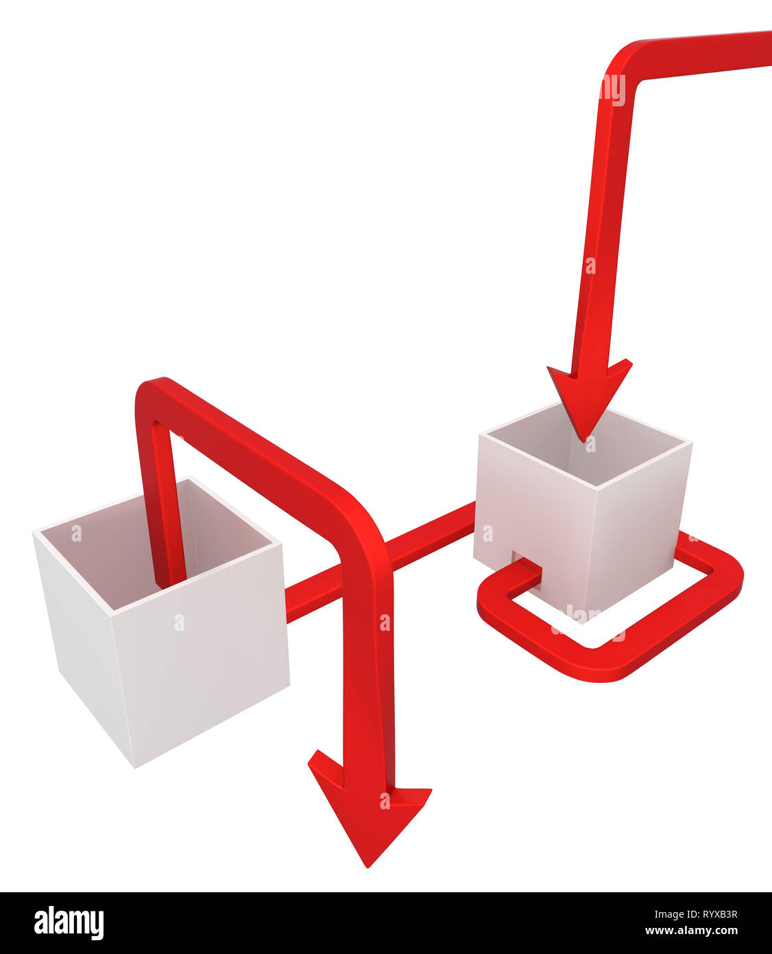 Red symbolic arrow box route between, 3d illustration, horizontal, over ...