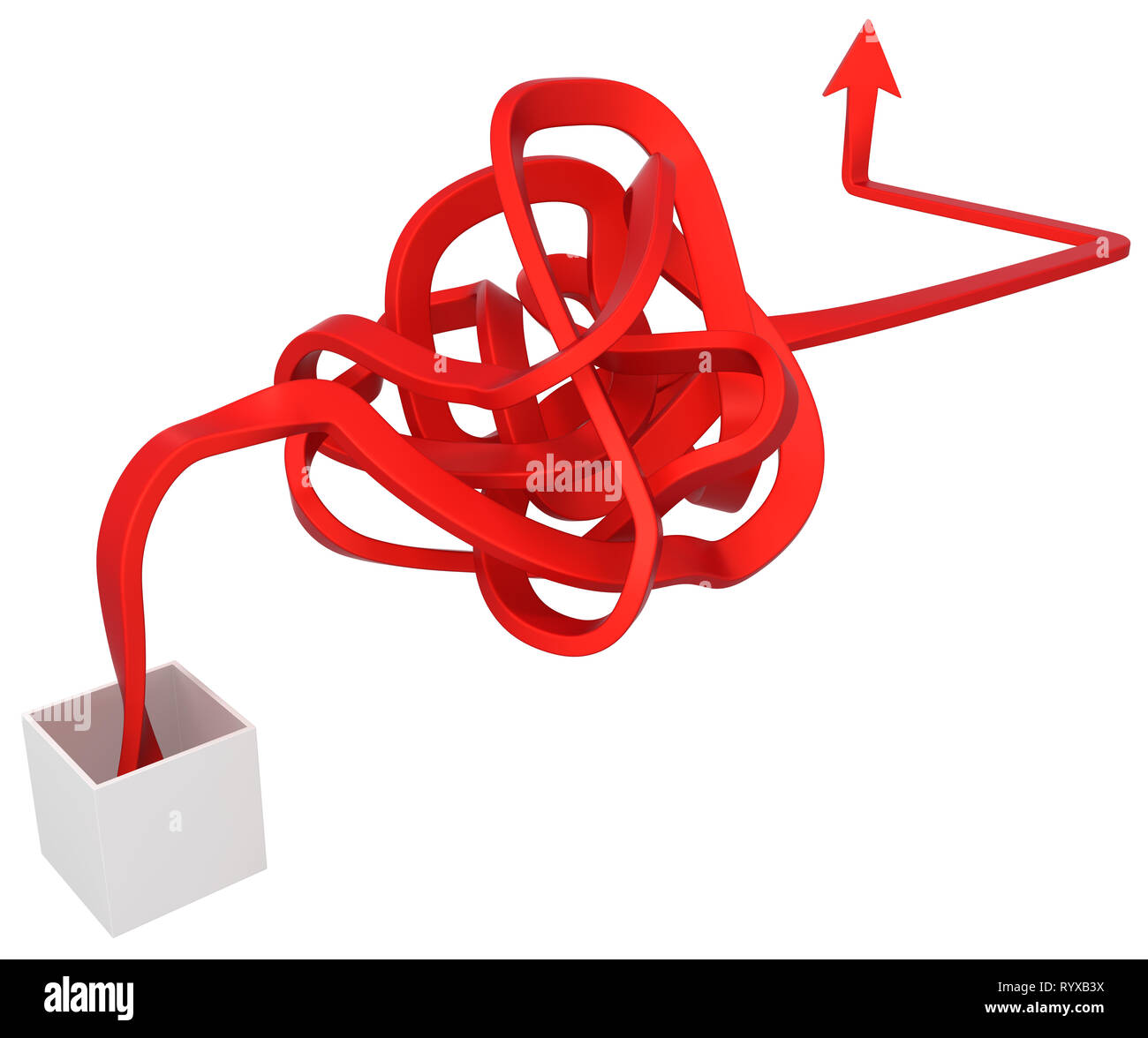 Red symbolic arrow box tangle, 3d illustration, horizontal, over white ...