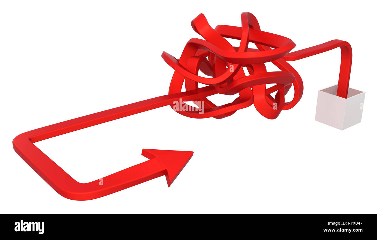 Red symbolic arrow tangled return box, 3d illustration, horizontal ...