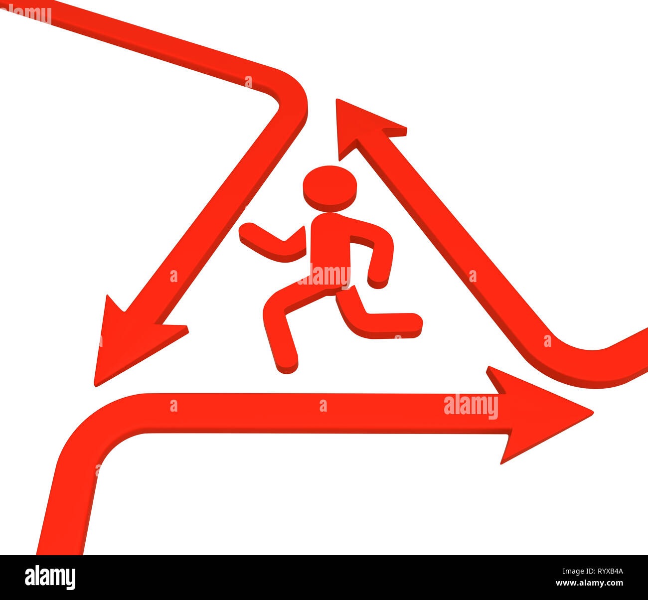 Red symbolic running figure arrow bend cycle triangle warning sign, 3d ...