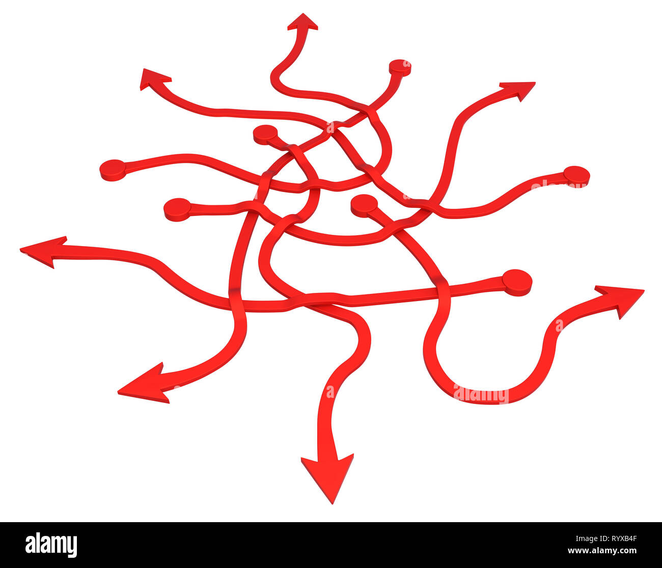 Red symbolic arrow routes map, 3d illustration, horizontal, over white ...