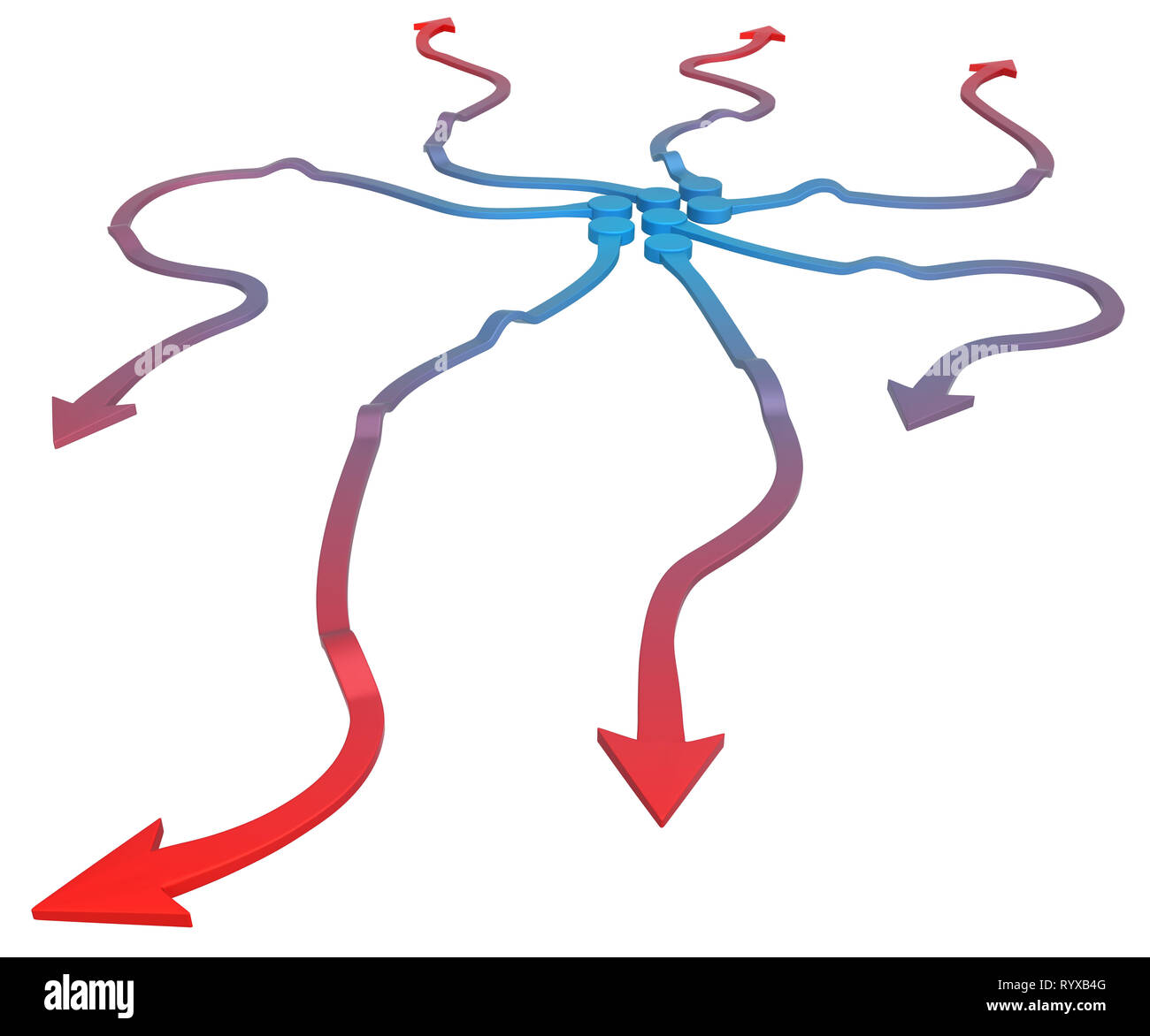 Red point blue symbolic arrow routes spreading, 3d illustration ...
